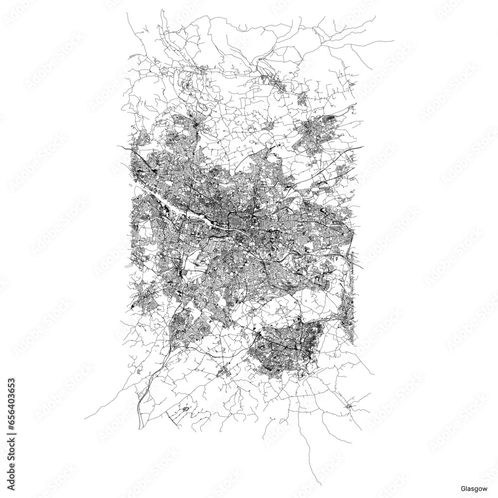 Glasgow city map with roads and streets, United Kingdom. Vector outline ...