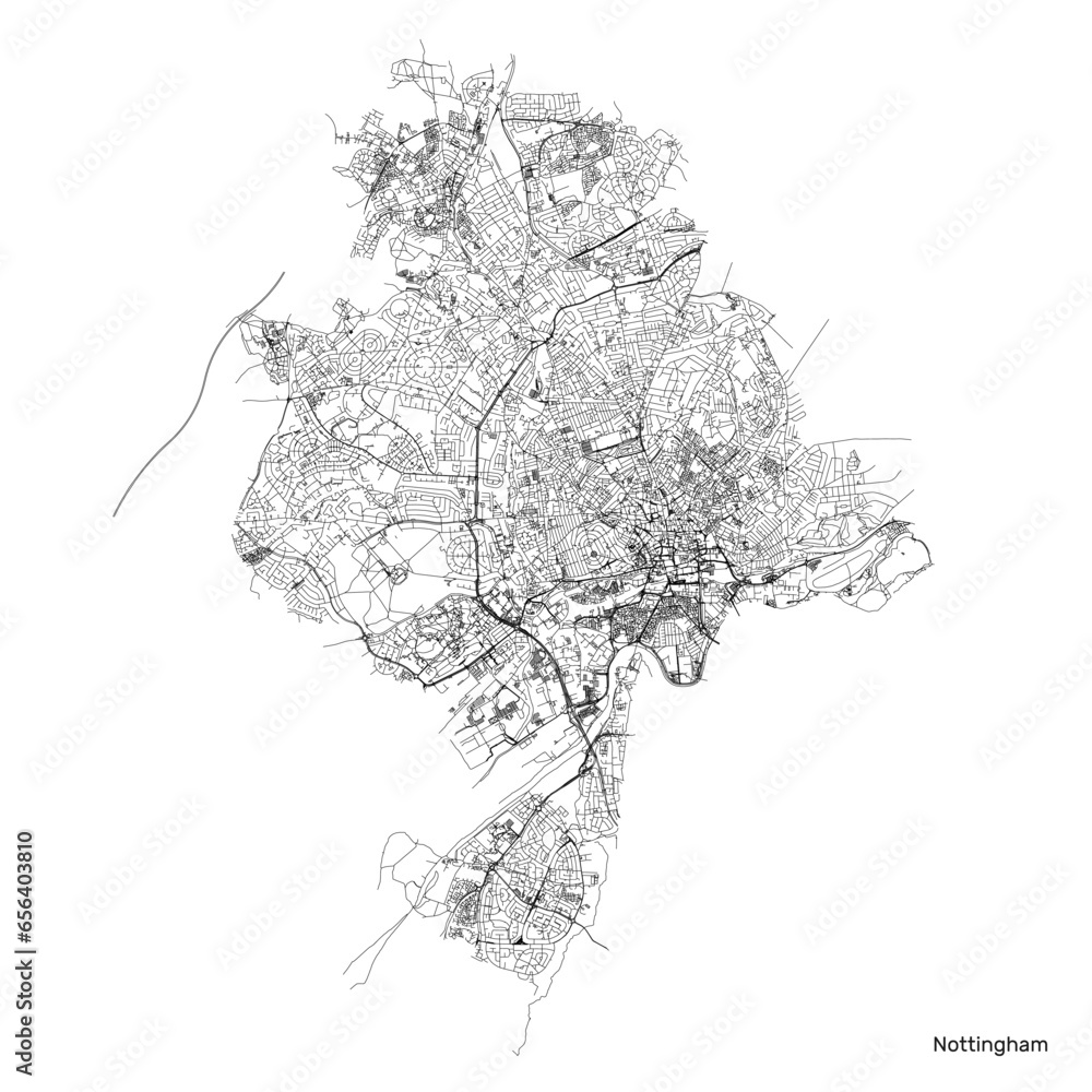 Nottingham city map with roads and streets, United Kingdom. Vector ...