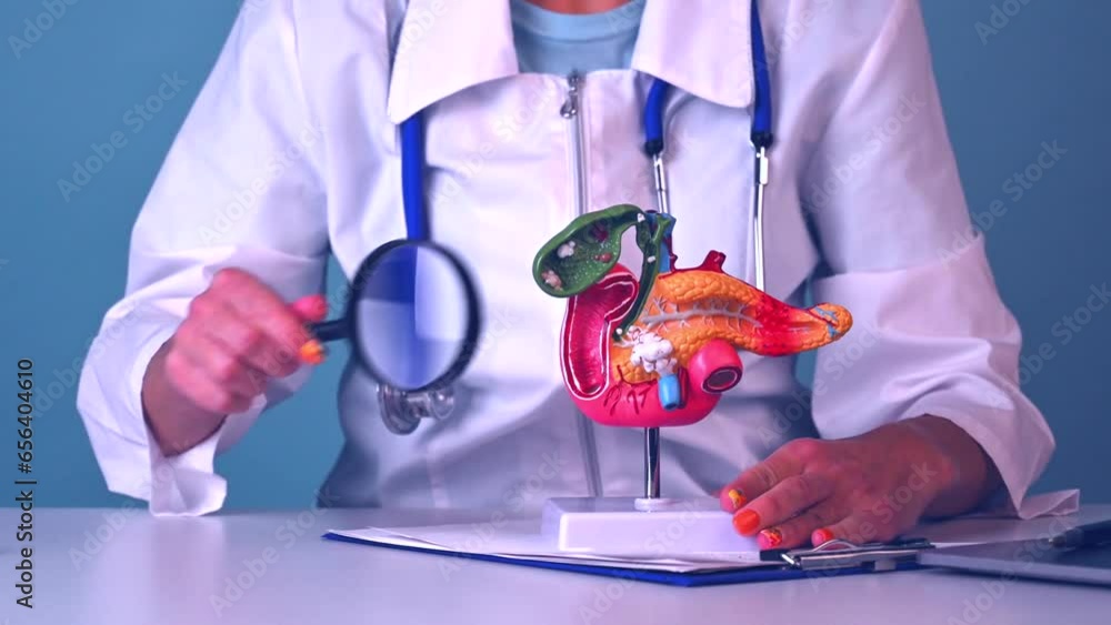 Female doctor showing a model of pancreas using magnifying glass. Early ...