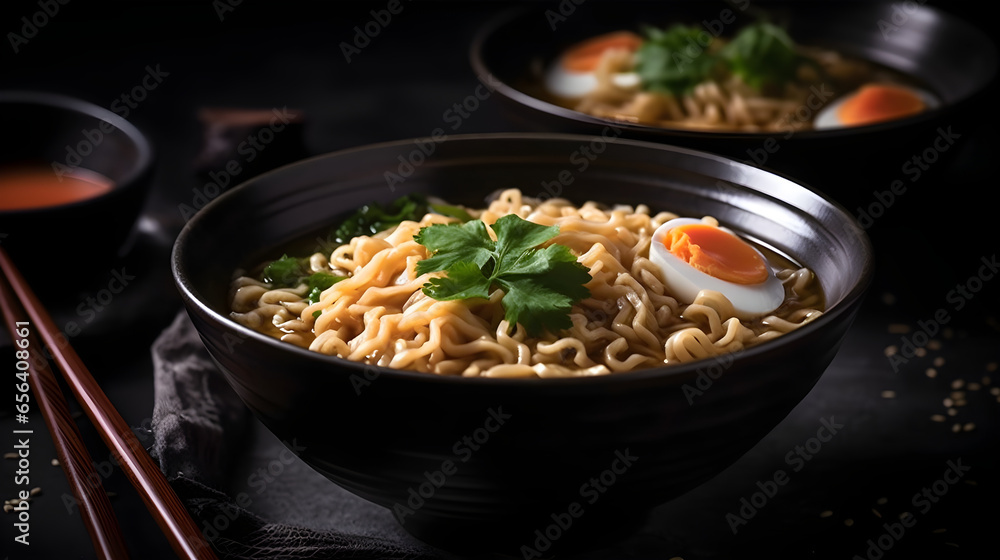 Japanese ramen noodle with pork and egg isolated on black background ...