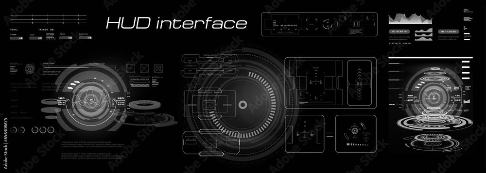 Futuristic cyber panel with navigation devices and sights focusing ...
