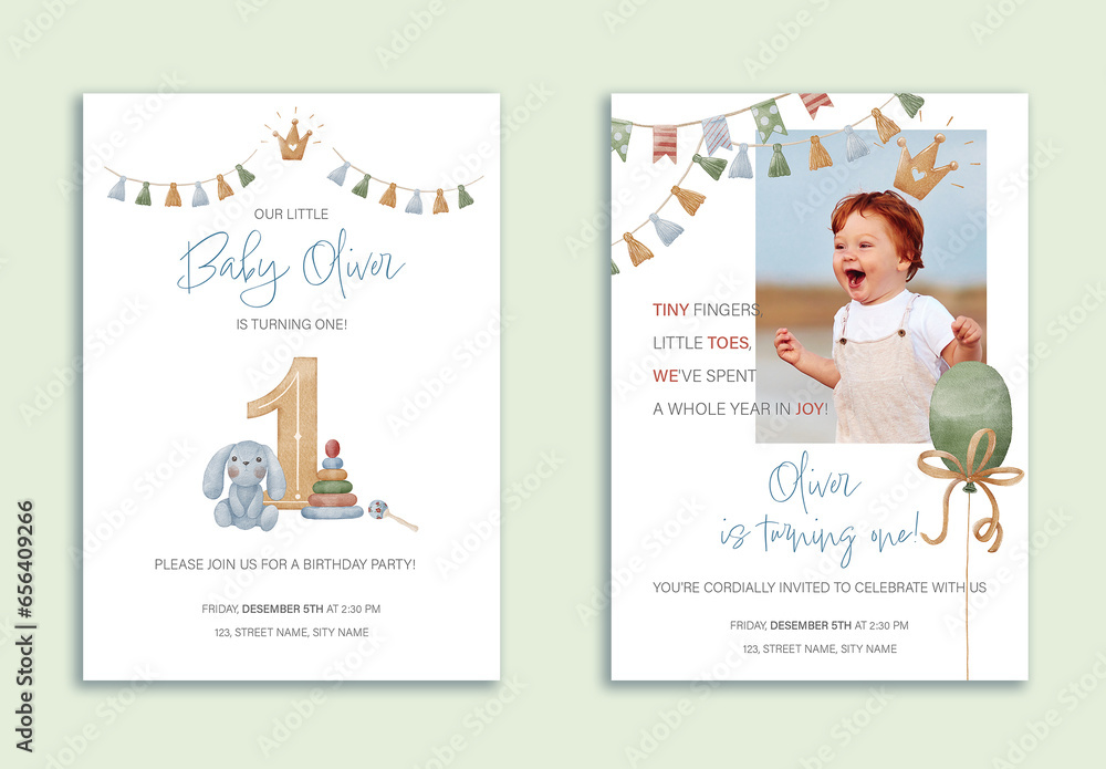 First Birthday Invitation Card Set Stock Template | Adobe Stock