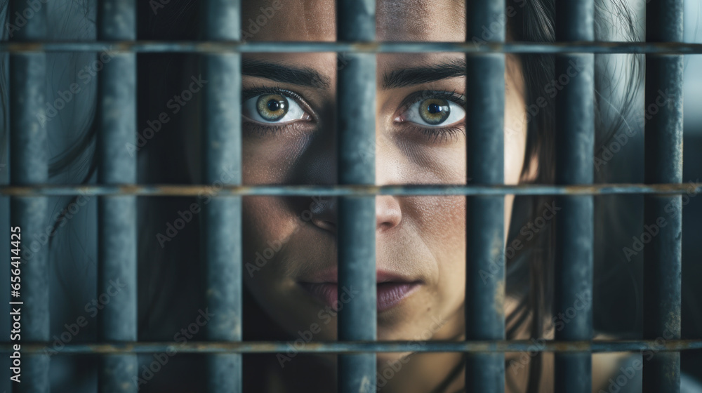 Portrait of woman prisoner looking through steel prison bars, close up ...