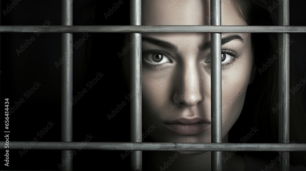 Portrait of woman prisoner looking through steel prison bars, close up ...