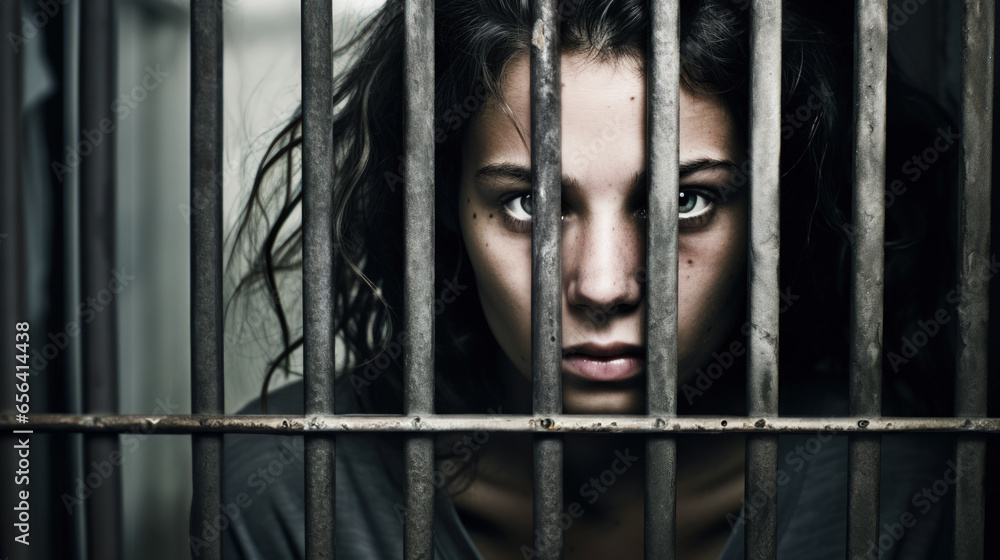 Portrait of woman prisoner looking through steel prison bars, close up ...