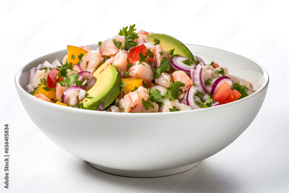 Seafood ceviche with lime and radish on a white background, Peruvian ...