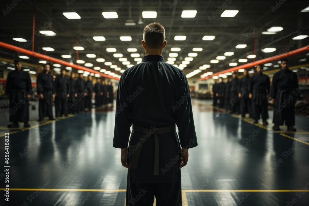 Karate students bowing respectfully before entering the dojo ...