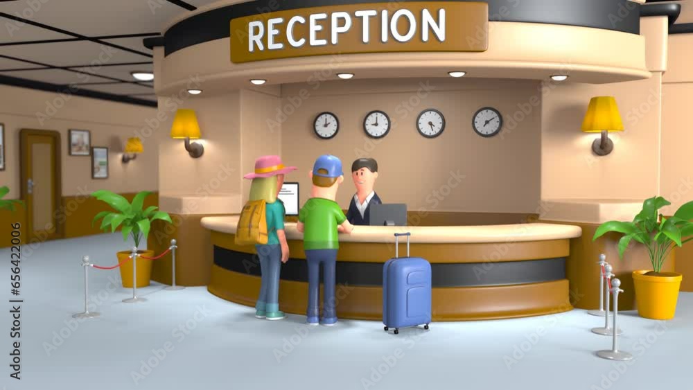 Cartoon characters couple talking to receptionist in hotel and asking ...