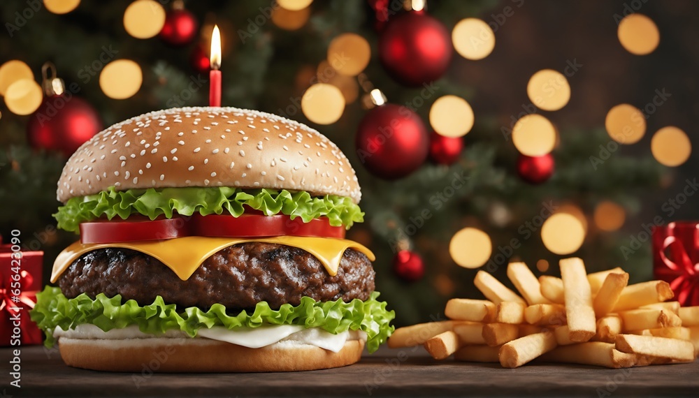 Christmas burger meal concept. Cheeseburger on a wooden table with a ...