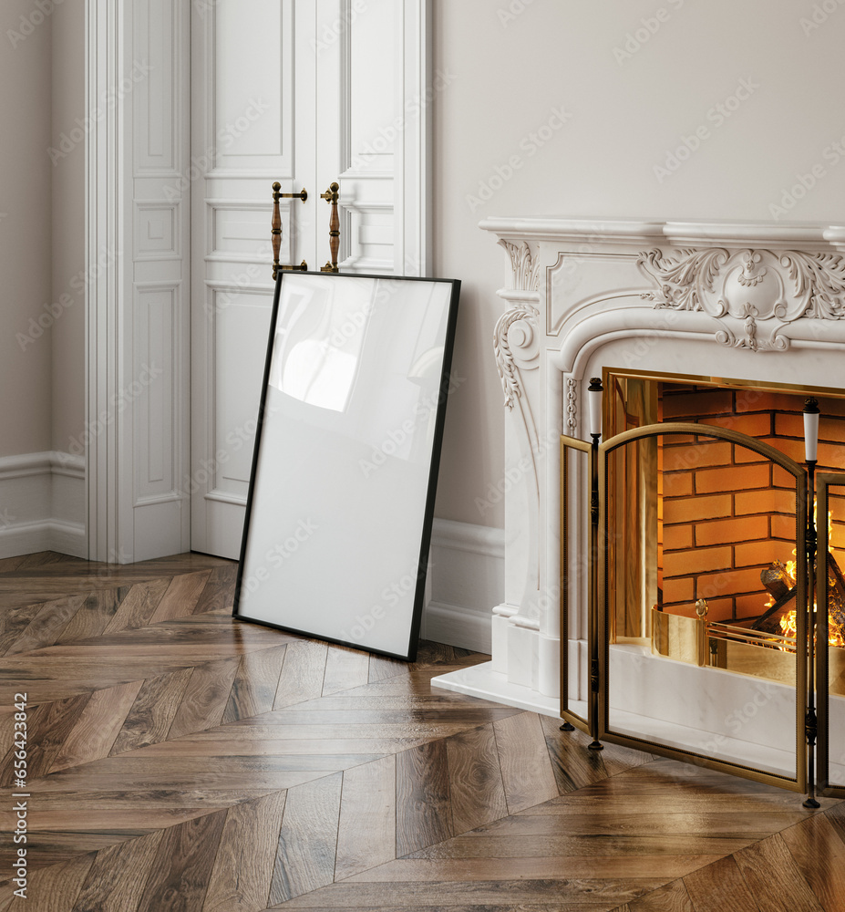 Photo & Art Print Mock up poster in modern home interior with fireplace ...