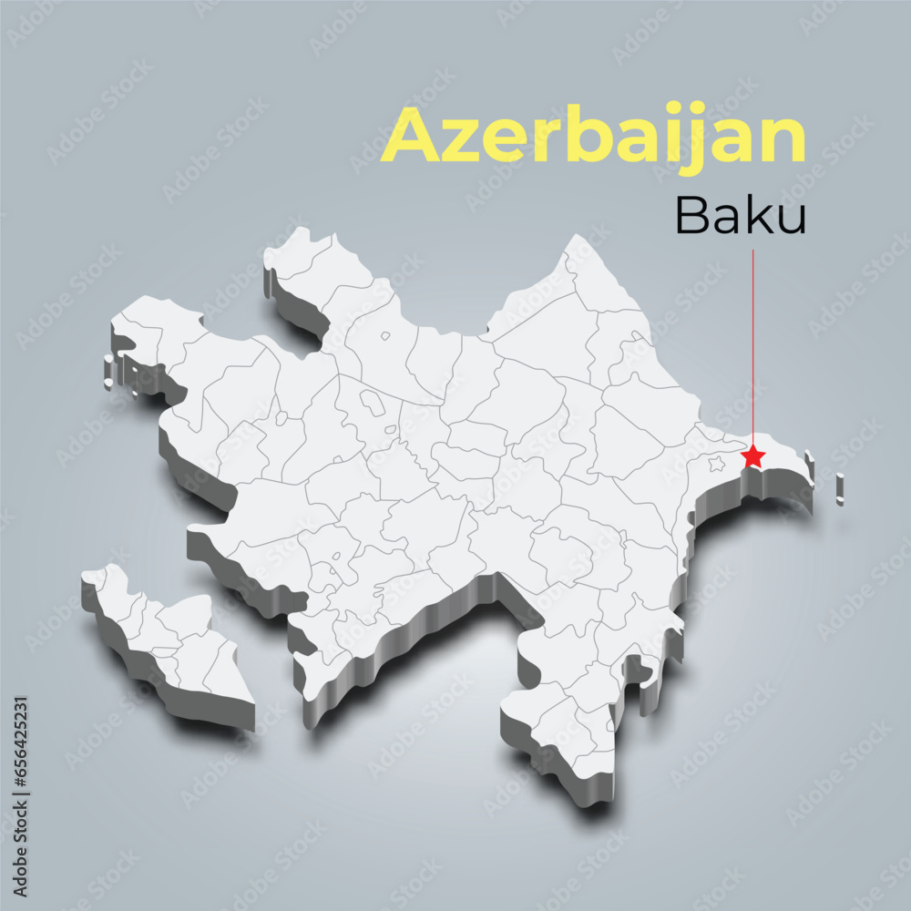 Azerbaijan 3d map with borders of regions and it’s capital Stock Vector ...