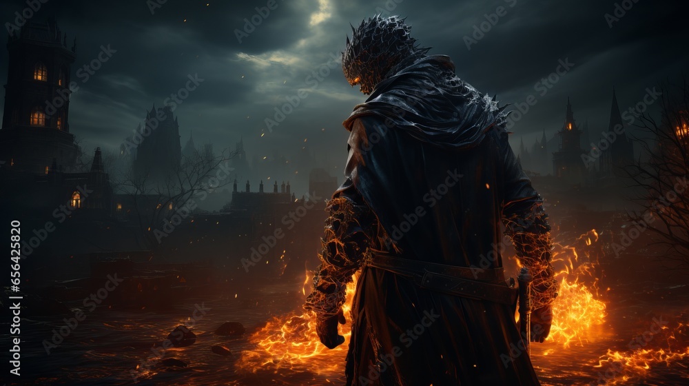 Dark fantasy. Game character fighting monsters. Fire demon and knight ...