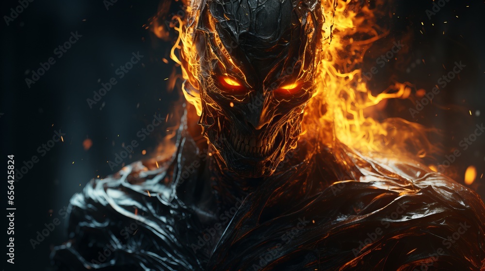 Dark fantasy. Game character fighting monsters. Fire demon and knight ...