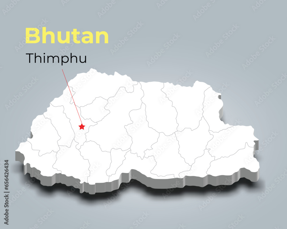 Bhutan 3d map with borders of regions and it’s capital Stock Vector ...