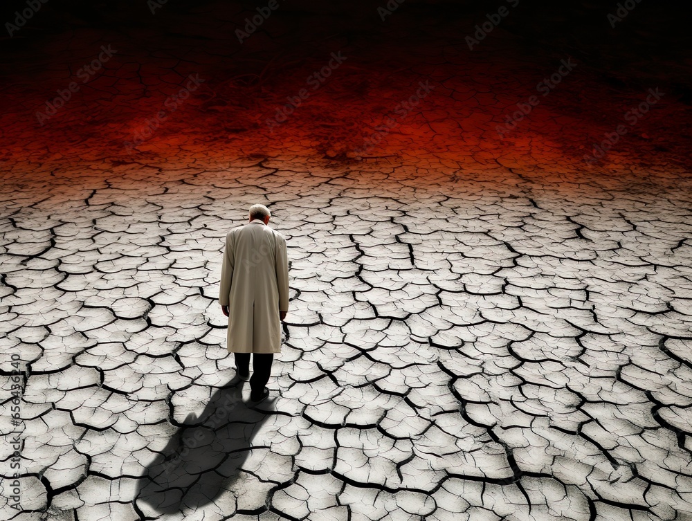 Sad climatologist walking in the eerie and dry land. Climate change ...