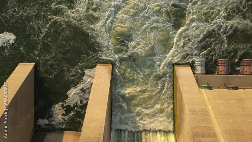 Top view of water from open sluice gate churning muddy water. Drop down ...