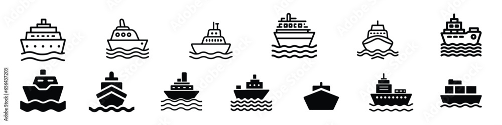Ship icon flat black pictogram on white background. Ships, boats, cargo ...