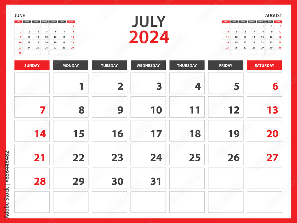 Monthly calendar template for 2024 year July 2024 year, Week Starts on ...