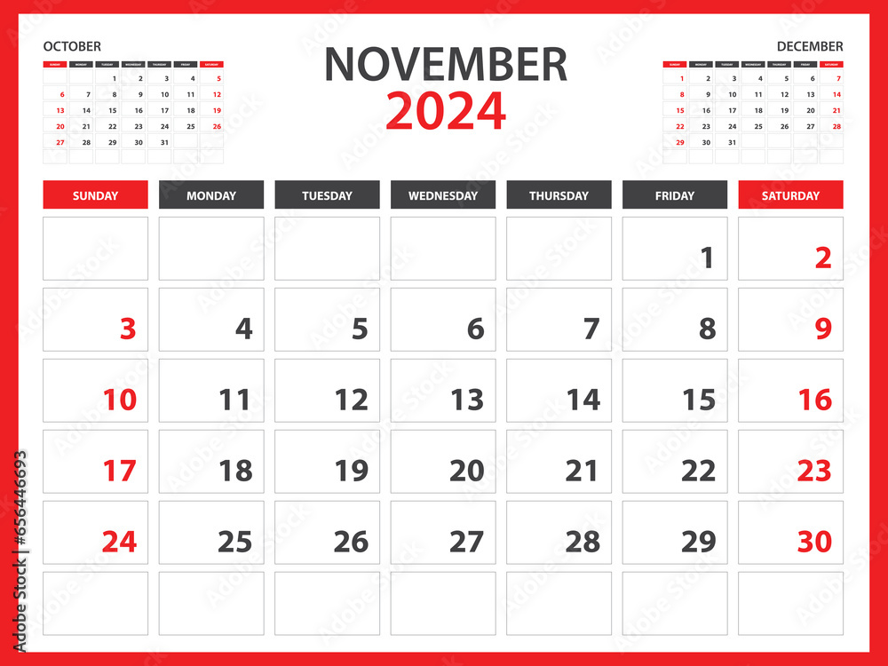 Monthly calendar template for 2024 year November 2024 year, Week Starts ...