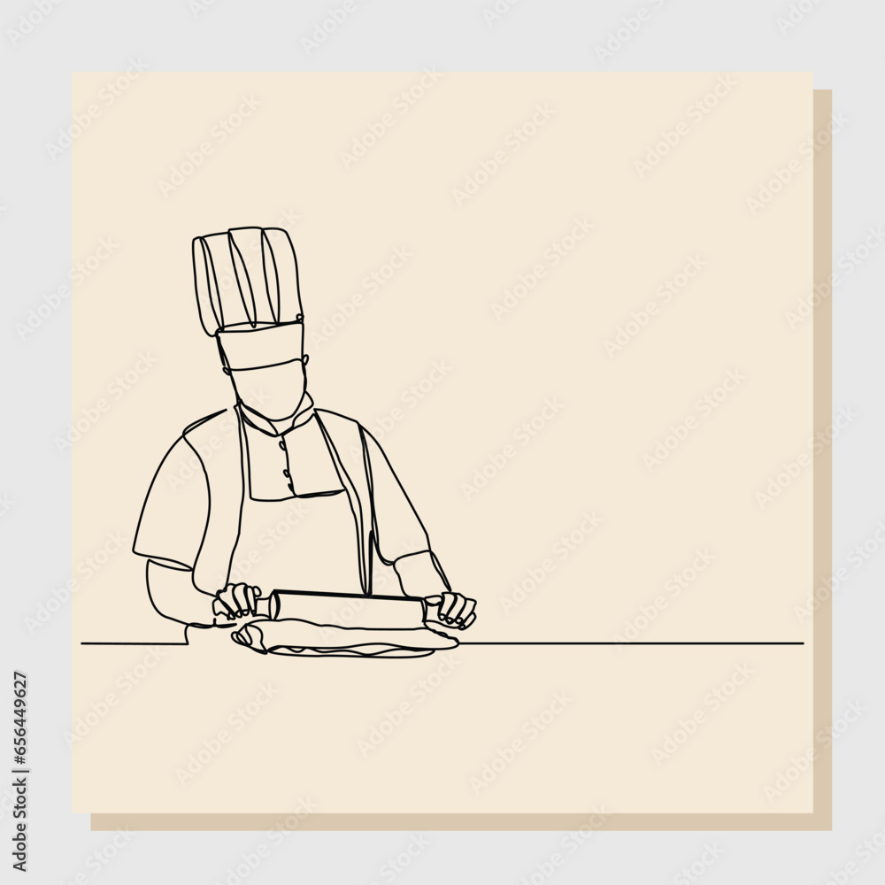 Continuous single line sketch hand drawn drawing of chef man rolling ...