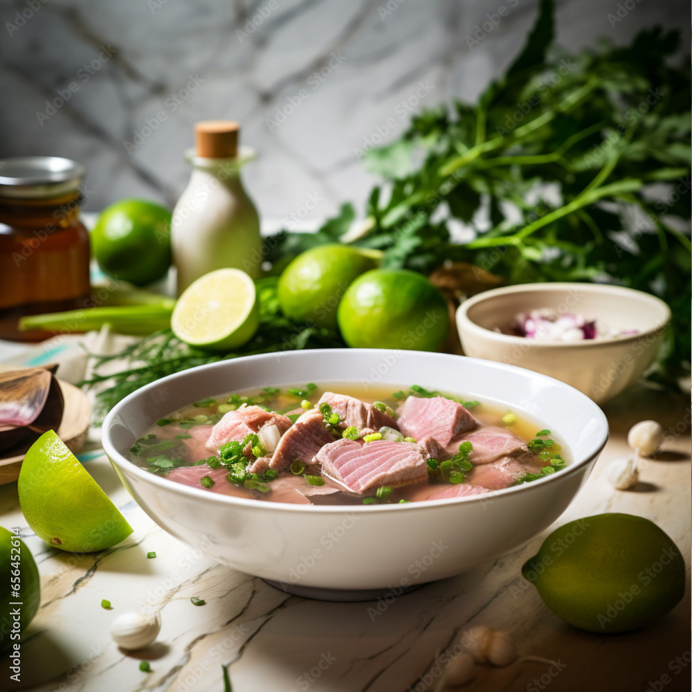 encebollado tuna fish soup, white marble kitchen isle background, limes ...