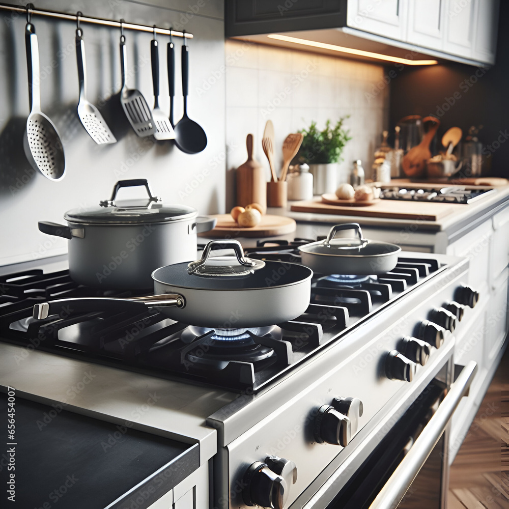 Trendy Close Up of a Stainless Steel Gas stove and Cooking Pots & Pans ...