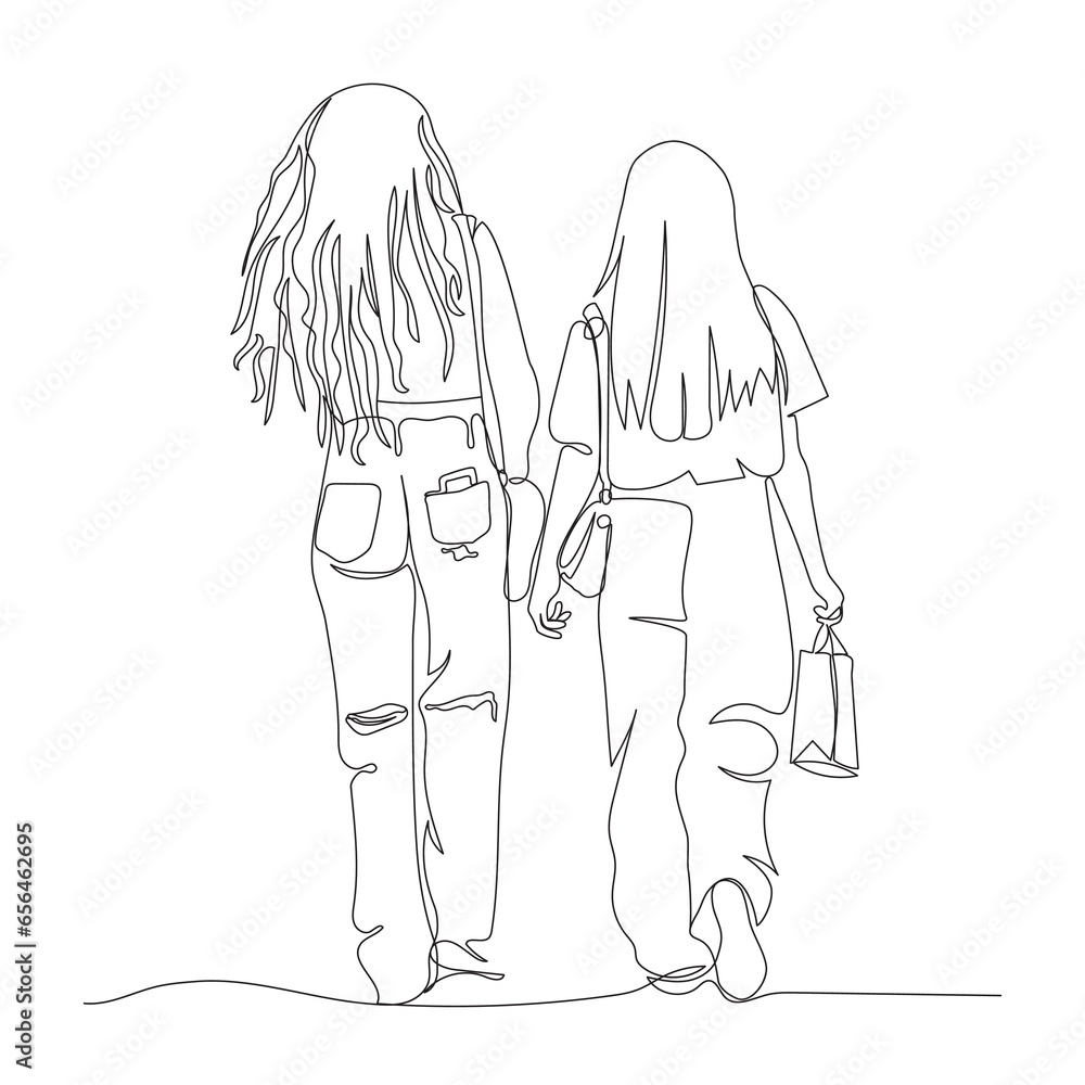 2 young women with long hair and small shopping bag walking. Back view ...
