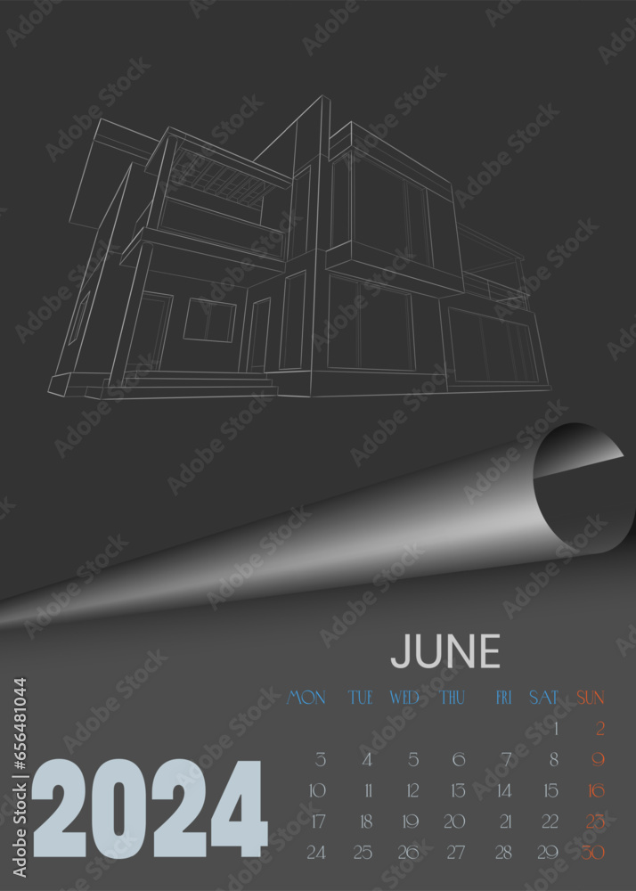 6 June. Calendar for 2024. Vector wall calendar template. Sketch for ...