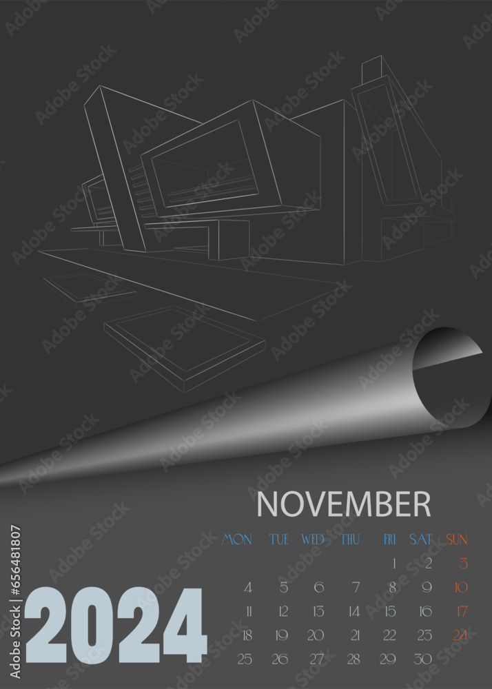 11. November. Calendar for 2024. Vector wall calendar template. Sketch ...