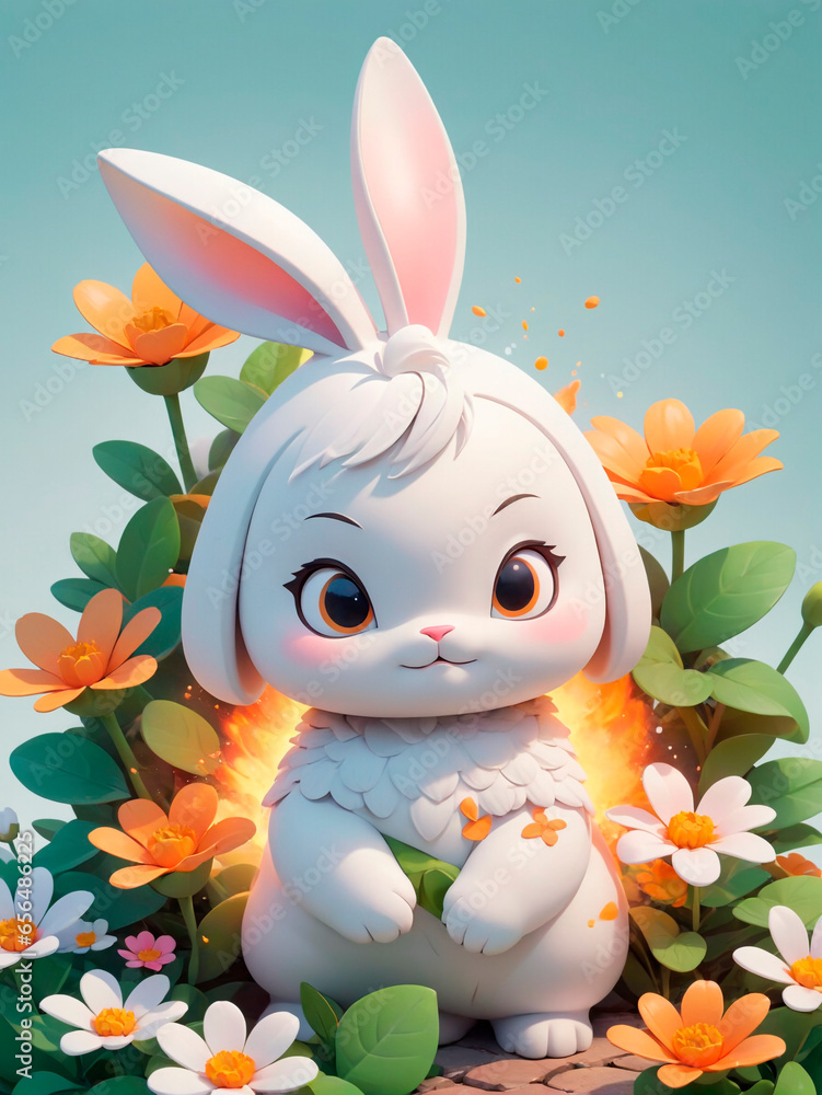 cute white rabbit with AI generated animated flaming flowers Stock ...