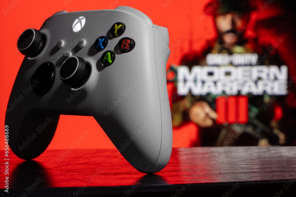 28 september 2023, Dnipro, Ukraine: Xbox Series S controller with Call of Duty Modern Warfare ...