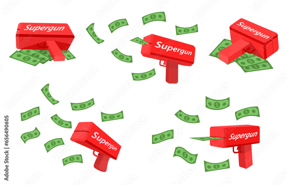 A large set of money guns that shoot bills. Money red gun. Supergun Red ...