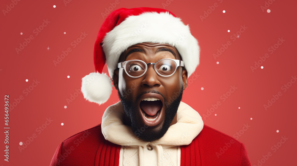 Homme noir afro américain, étonné à Noël, bonnet de père Noël Stock ...