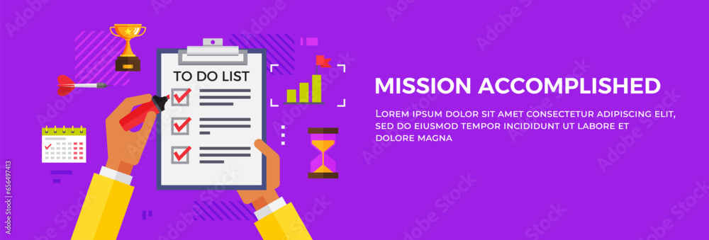 Mission complete landing page. Finished task, accomplishment or project done checklist, success ...
