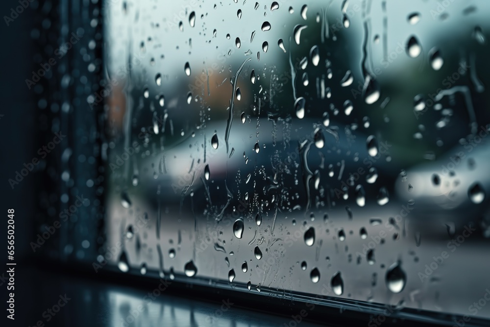 Regentropfen auf der Fensterscheibe. Nasses Fenster bei Regen. Unwetter beobachten von drinnen ...