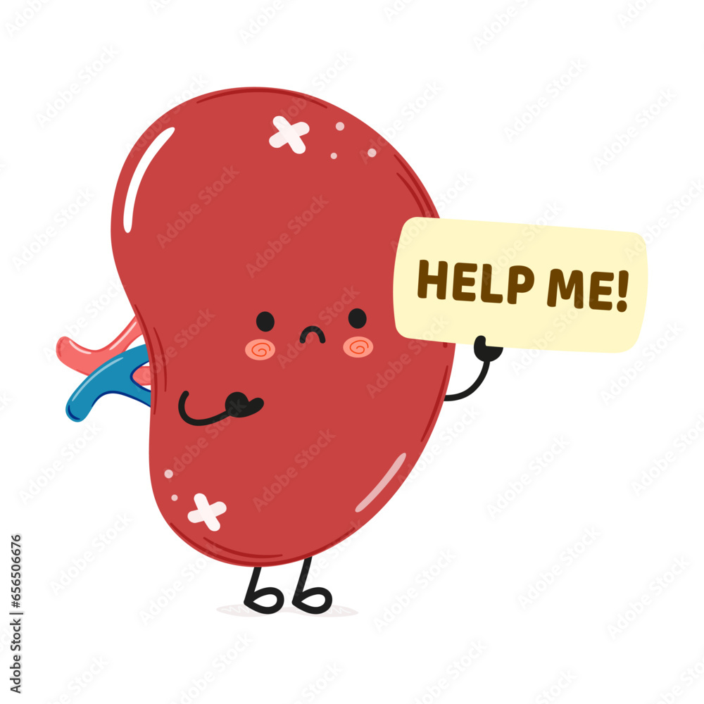 Cute sad sick Spleen organ asks for help character. Vector hand drawn ...