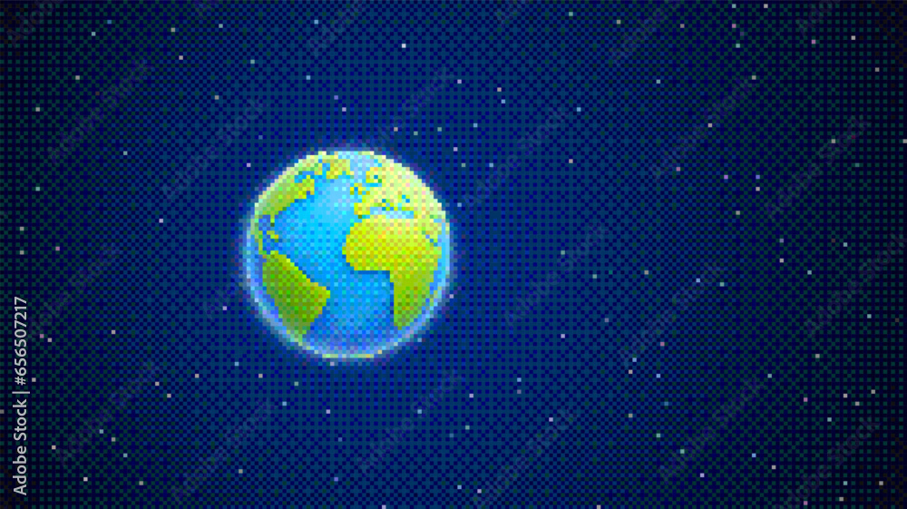 Pixel art cartoon planet Earth floating alone in outer space on cosmic ...