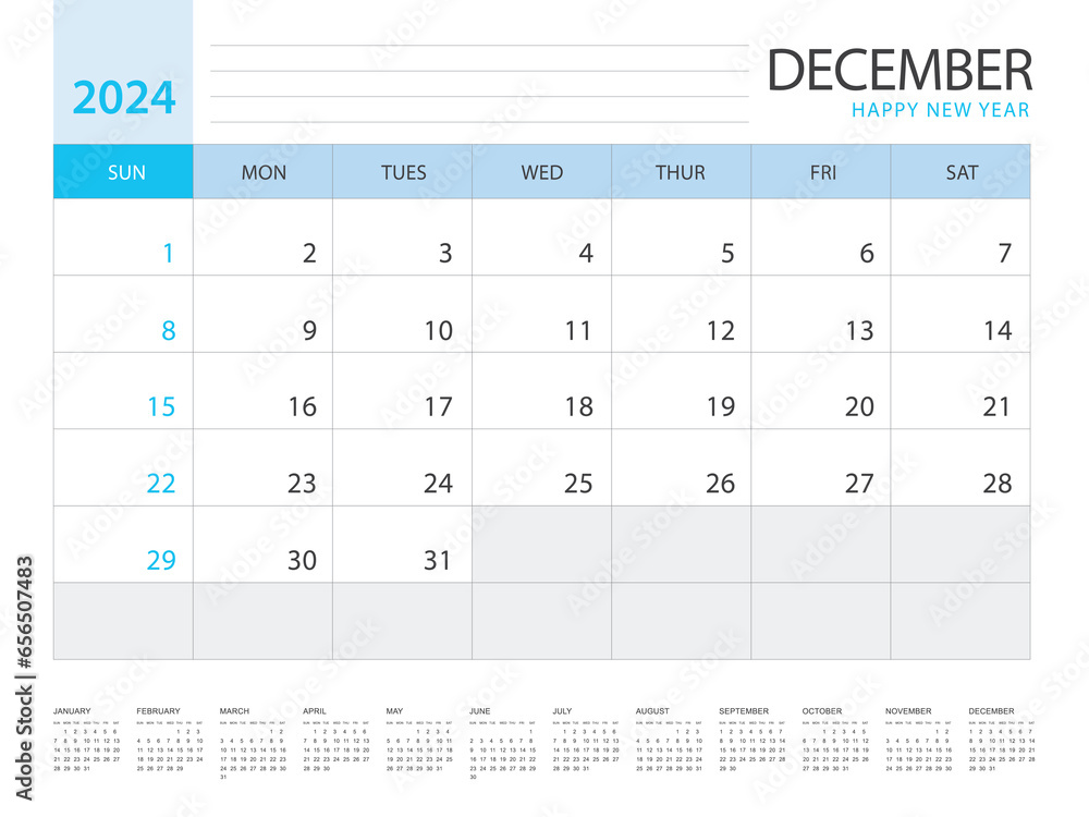 Calendar 2024 year template, December layout design, Planner simple ...