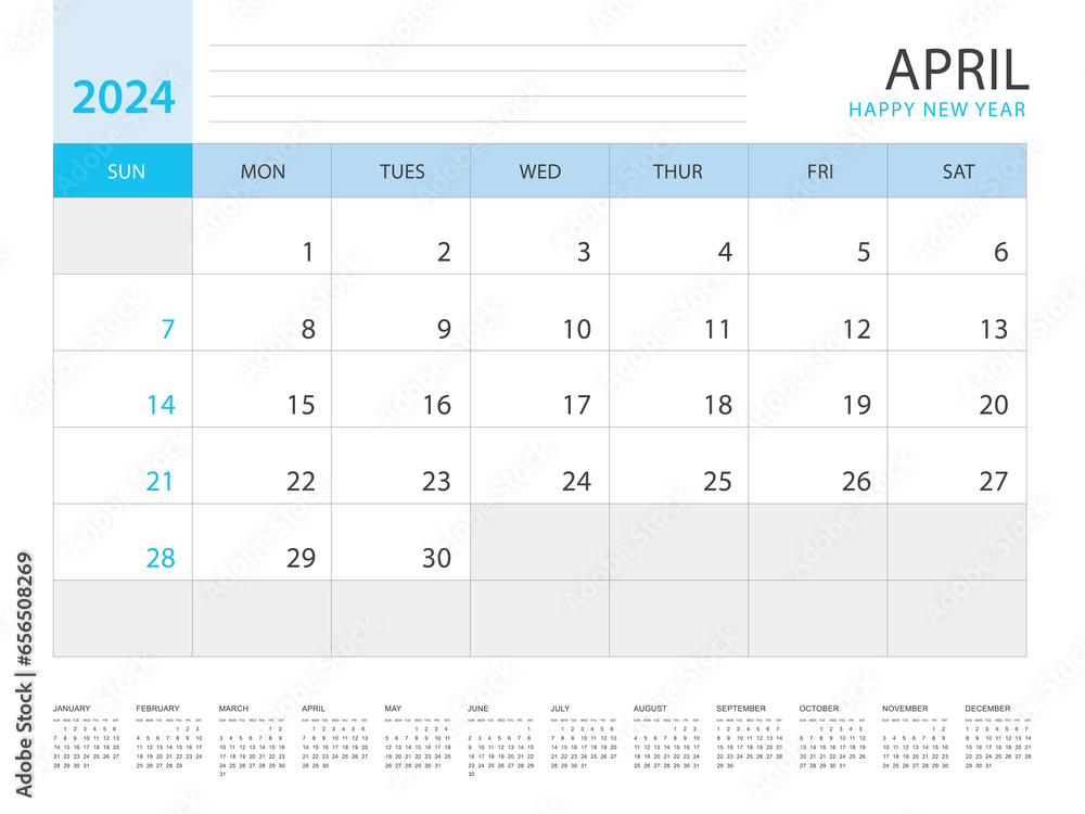 Calendar 2024 year template, April layout design, Planner simple, Desk ...