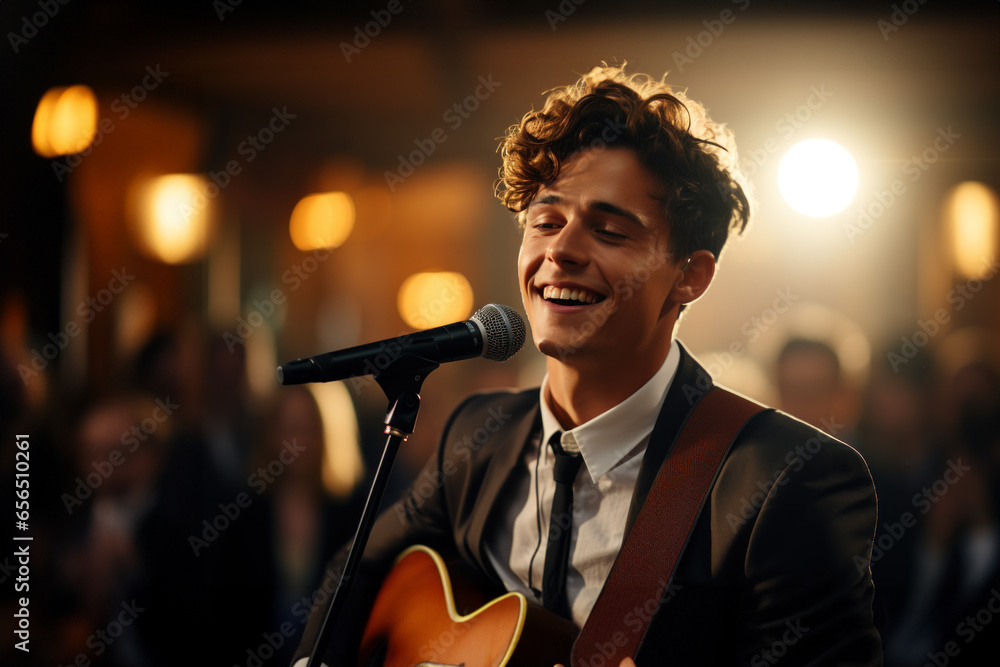 Male singer singing at a concert A young male singer is performing a ...