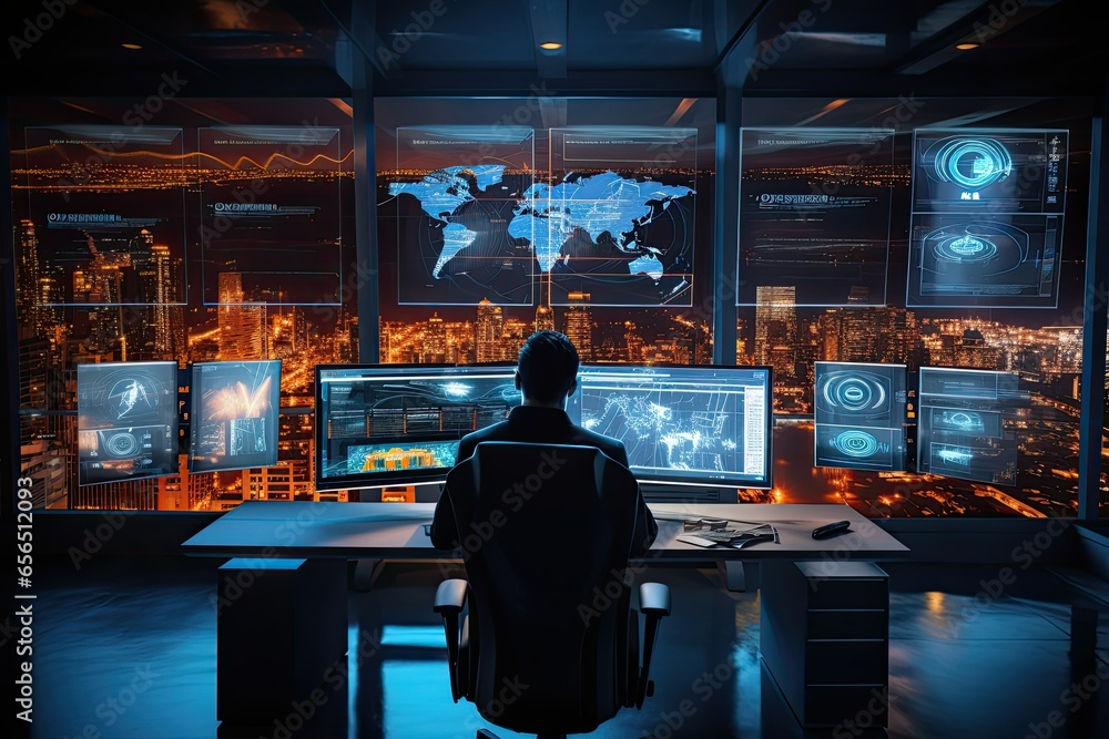 Cybersecurity Defense Hub, Back view Military Surveillance Officer ...