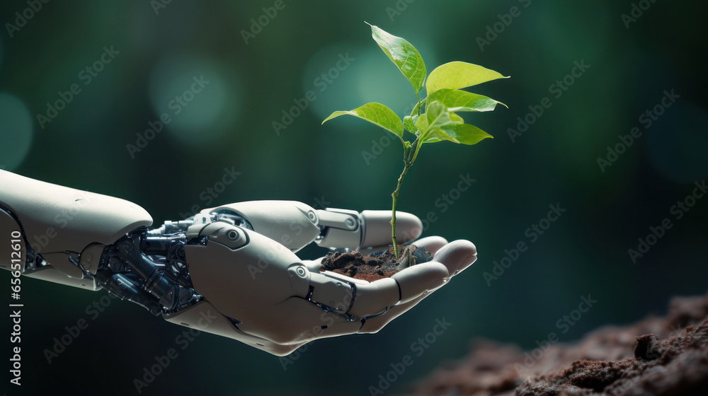 Ai robot with environmental protection concept, Robot hand hold sapling ...