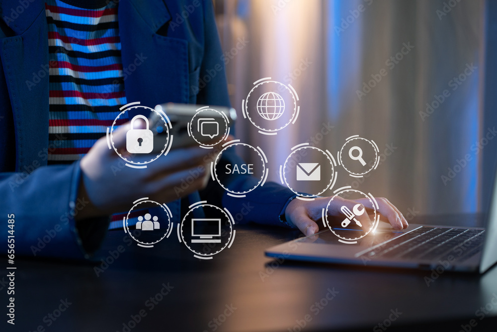 Hand touching Secure Access Service Edge icon on smartphone virtual ...