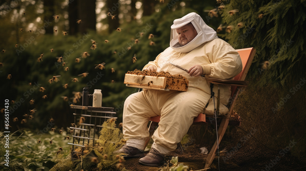 140 kilo fat man, working as a beekeeper outside, examining the hives ...