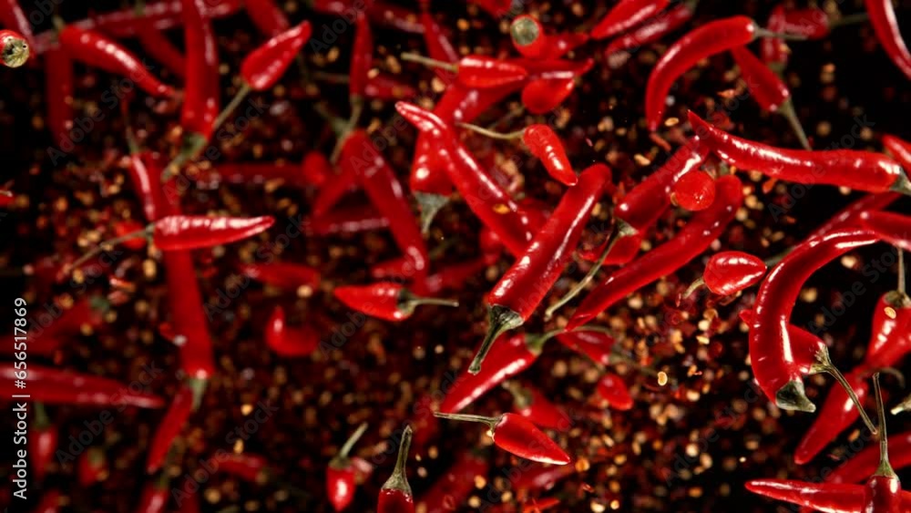 Super Slow Motion of Flying Red Chilli Peppers. Filmed on High Speed ...