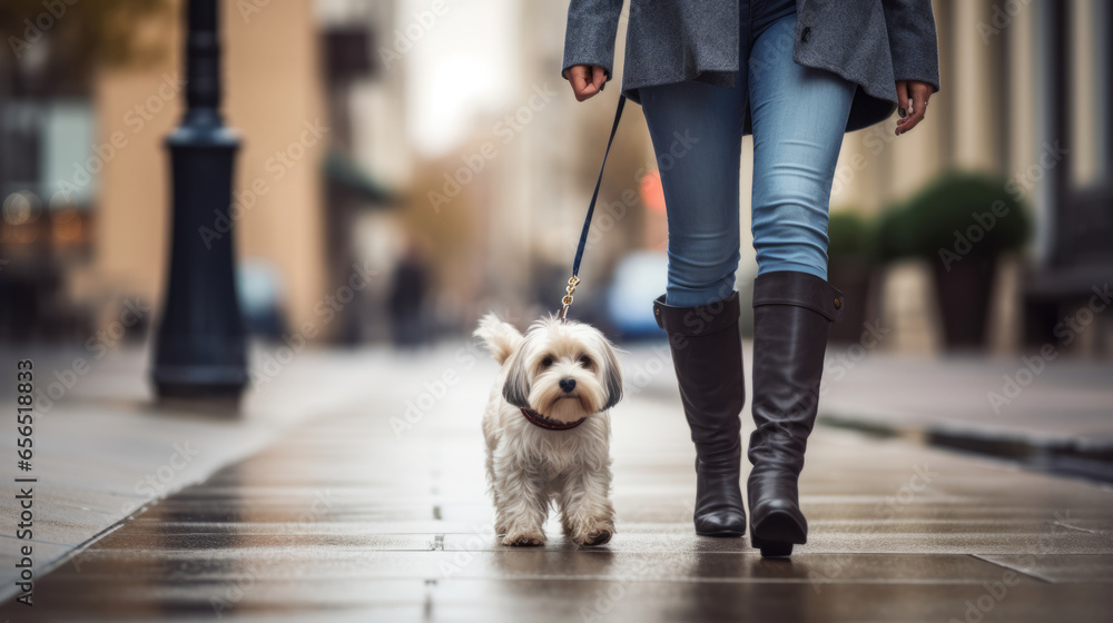 Dog walker walking fast with her pet on leash at street pavement Stock ...