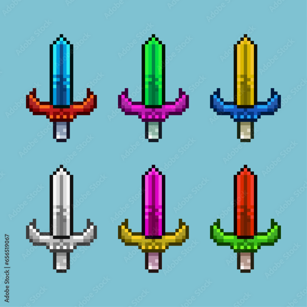 Pixel art sets of sword with variation color item asset. Simple bits of ...