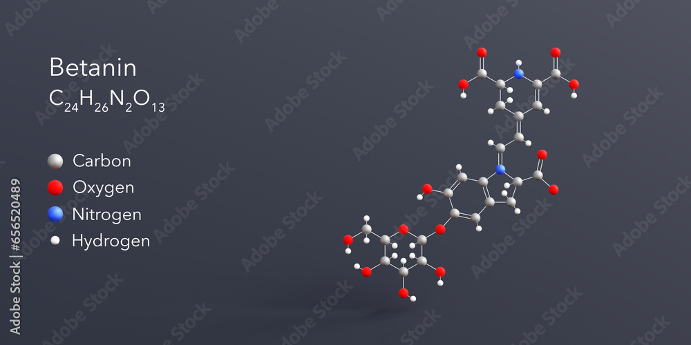 betanin molecule 3d rendering, flat molecular structure with chemical ...