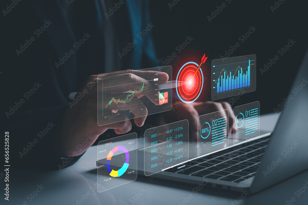 KPI to analyze performance and create insight reports for operations management. Businessman ...