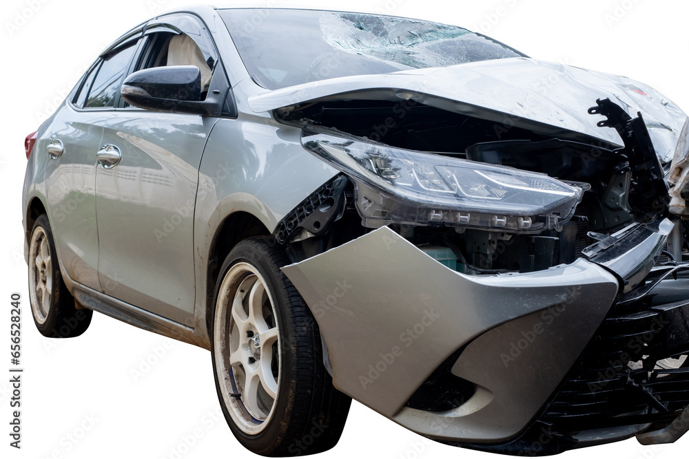 Front and side of broze or gray car get damaged by accident on the road ...